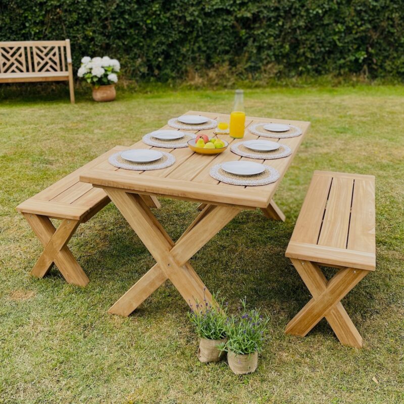 Wooden Garden Table and Benches Dining Set