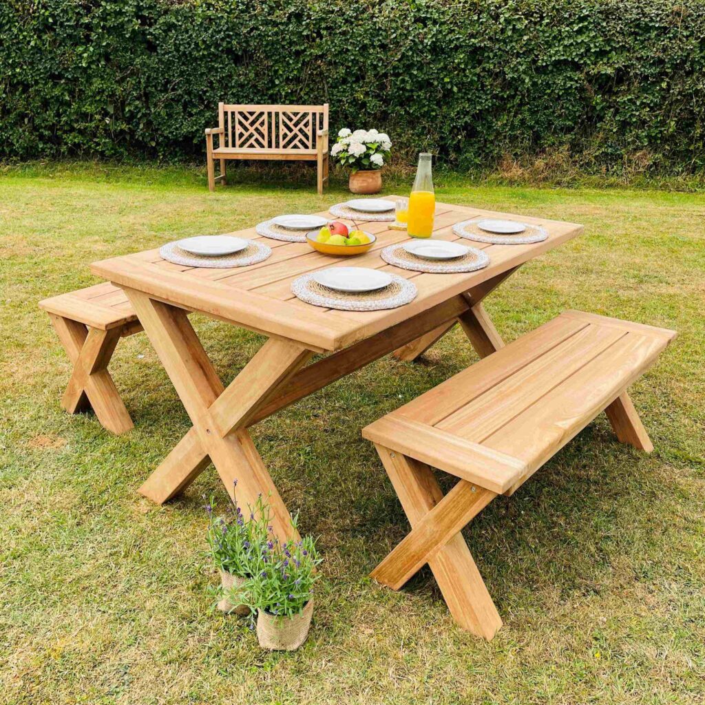 Wooden Garden Table and Benches Dining Set