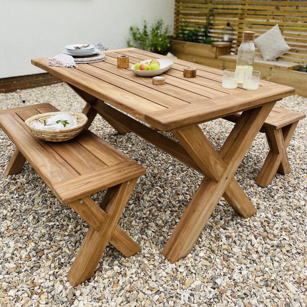 Wooden Garden Table and Benches Dining Set